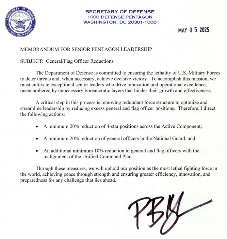 Memorandum Directing General and Flag Officer Reductions | STARRS