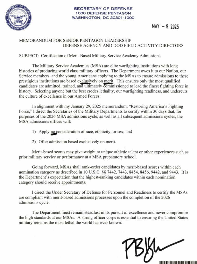 Certification of Merit-Based Military Service Academy Admissions | STARRS