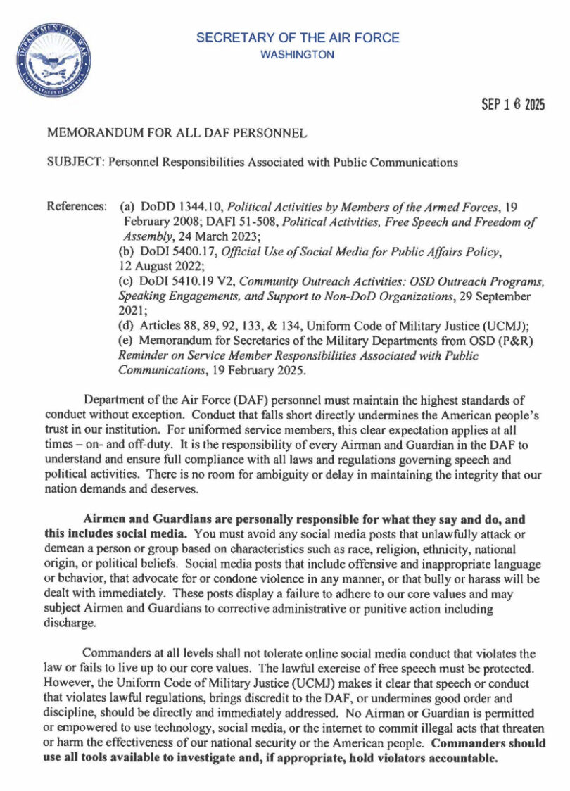 SecAF Memo re Social Media Conduct | STARRS