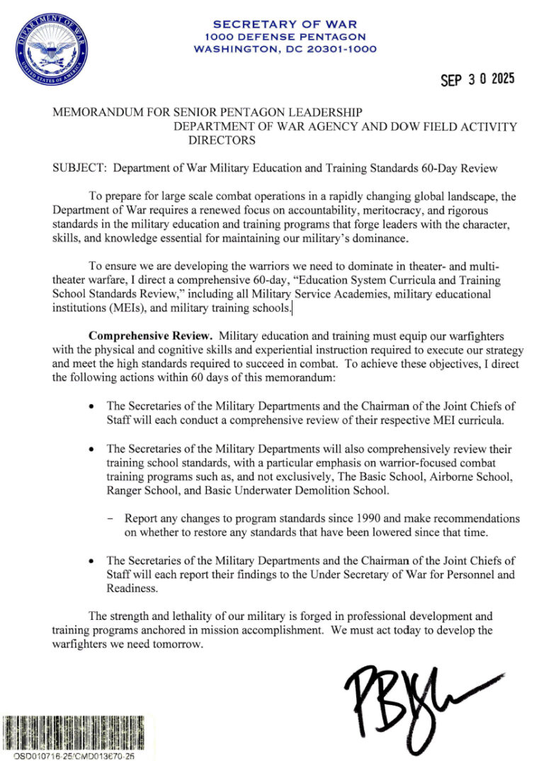 DOW MEMO: Department of War Military Education and Training Standards ...
